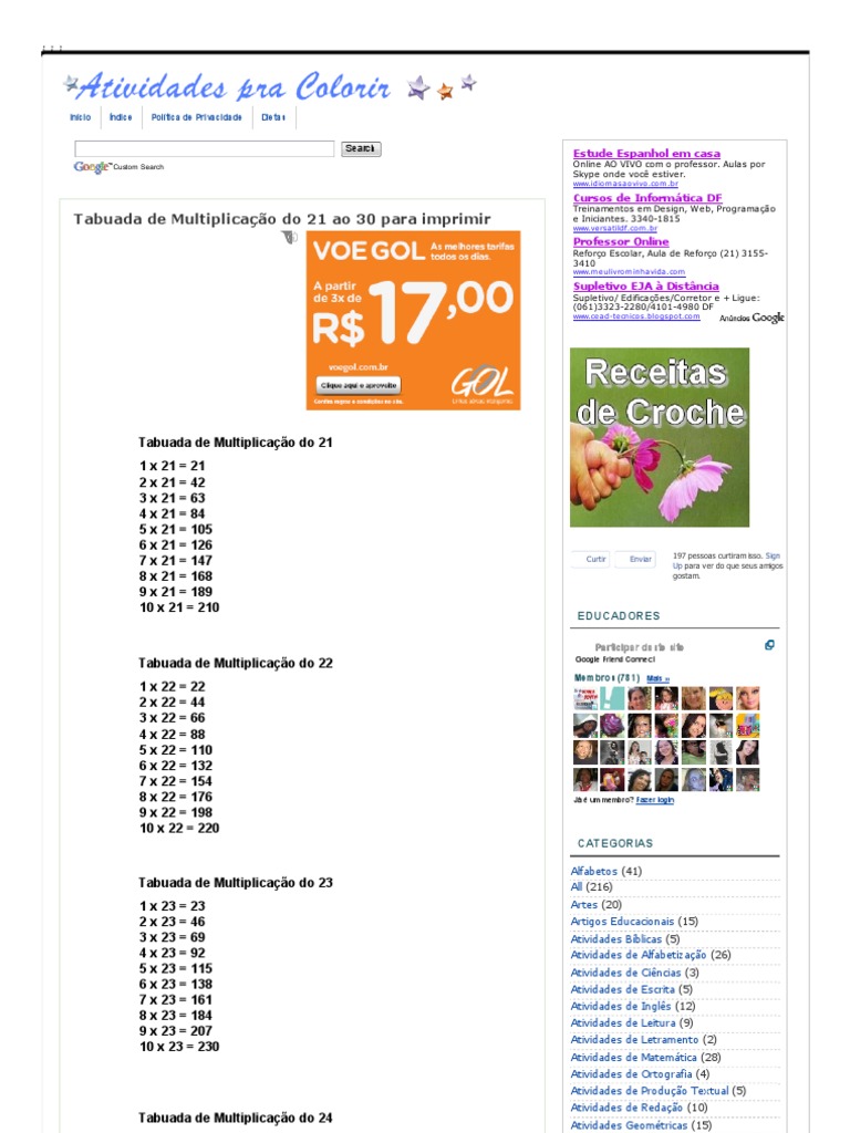 Tabuada de Multiplicação Do 21 Ao 30 para Imprimir - Atividades Pra ...