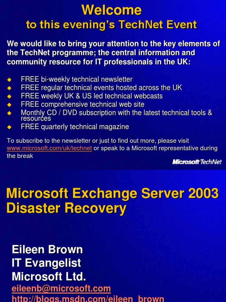 Exchange 2003 Disaster Recovery | PDF | Backup | Professional Certification