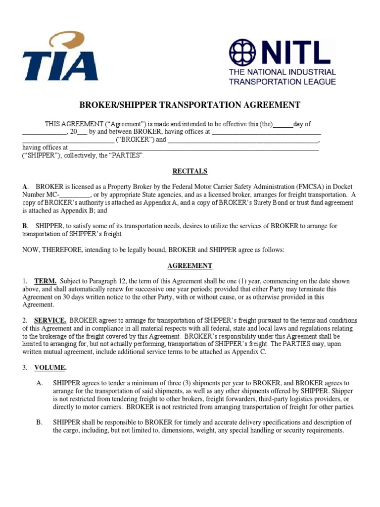 Broker/Shipper Transportation Agreement | Download Free PDF | Cargo ...
