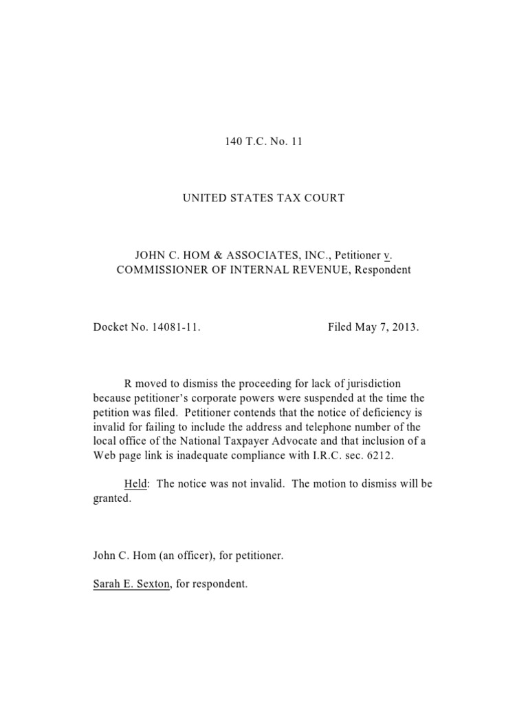 Notice of Deficiency Found Sufficient - 140 TC 11 | United States Tax ...