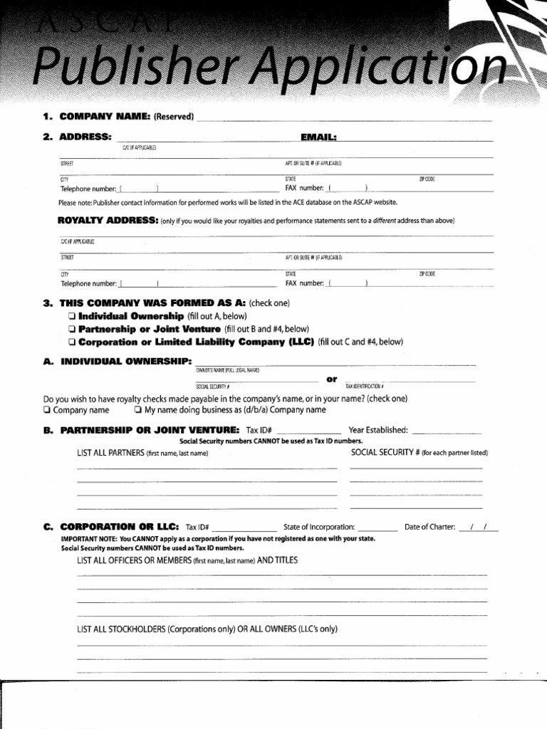 ASCAP Publishers Application | Royalty Payment | Musical Compositions