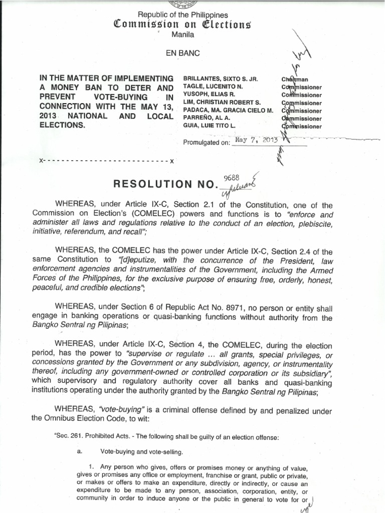 Comelec Resolution 9688 Money Ban | PDF