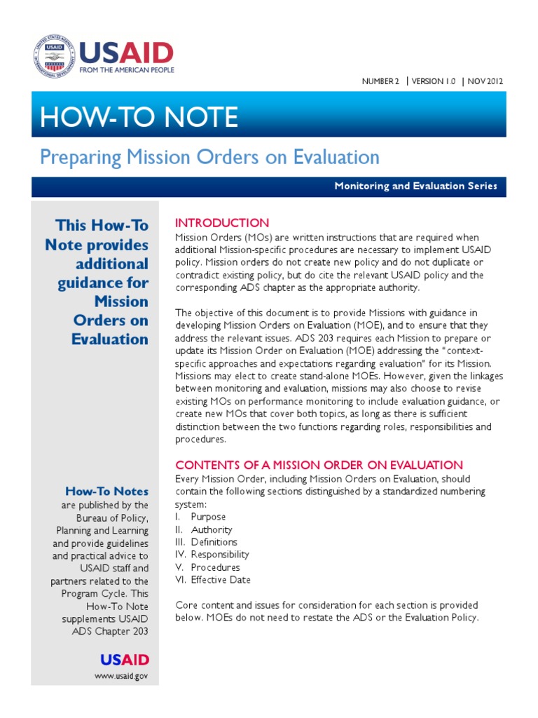 USAID, How to Note, Preparing Mission Orders Evaluation, 2012, uploaded ...