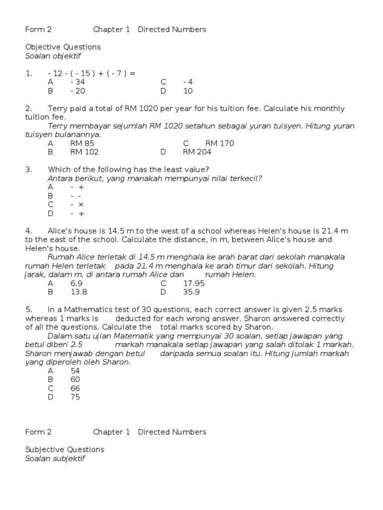 Soalan Math Form 2 Chapter 1,3,5,7 | PDF