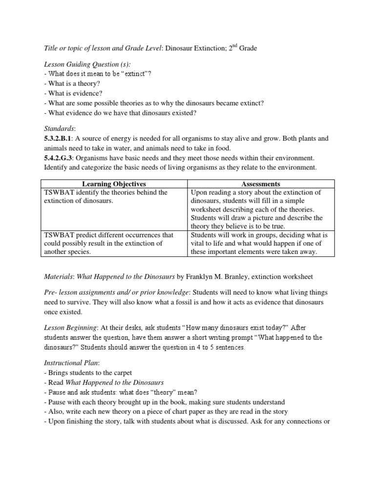 Dinosaur Extinction Lesson Plan for 2nd Grade | PDF | Dinosaurs ...