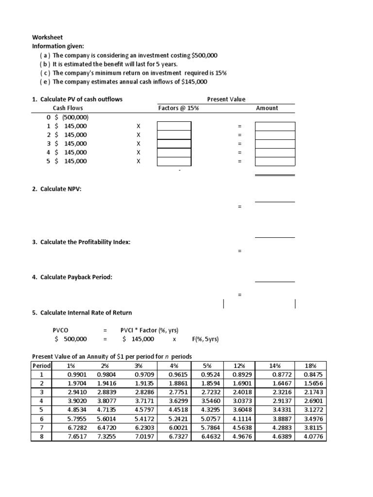Chapter 10 - NPV, PI, Payback, IRR Practice Worksheet With Answers ...