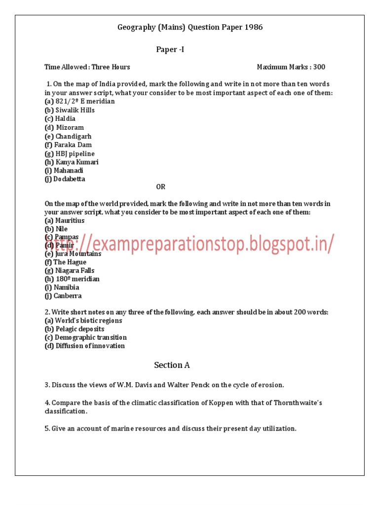 Geography (Mains) Question Paper 1986 Paper - I: Section A | PDF ...