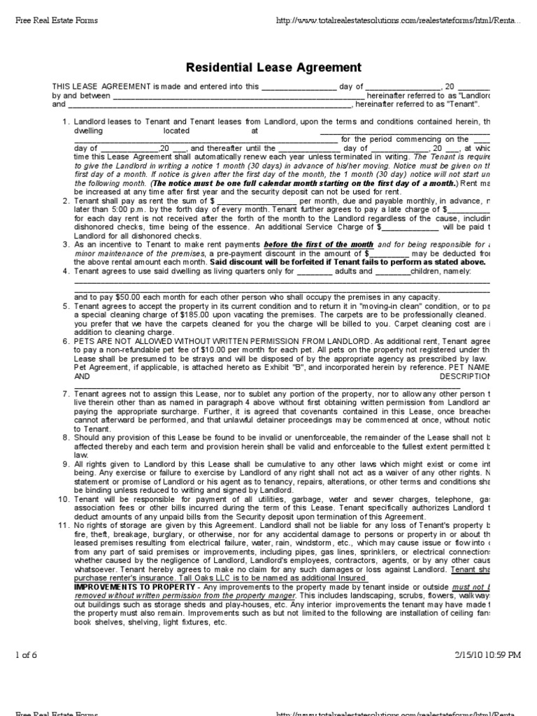 Residential Lease Agreement Outlining Rental Terms and Conditions for ...