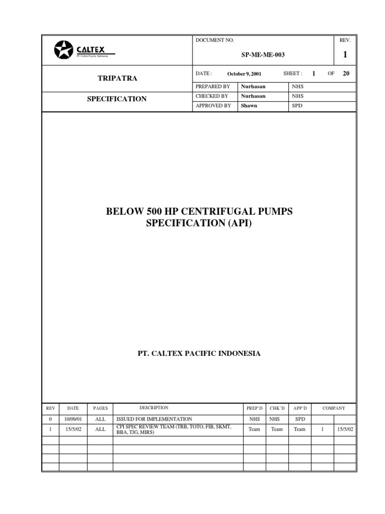 Below 500 HP Centrifugal Pumps Specification (Api) : Tripatra | PDF ...