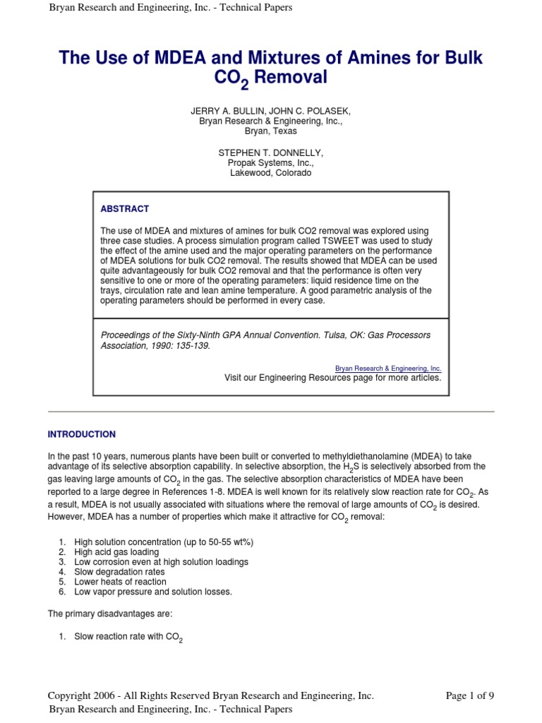 The Use of MDEA and Mixtures of Amines For Bulk CO2 Removal | PDF ...