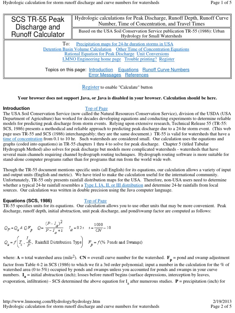 SCS TR-55 Peak Discharge and Runoff Calculator | Download Free PDF ...
