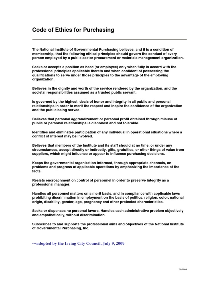 Purchasing Code of Ethics | Conflict Of Interest | Employment