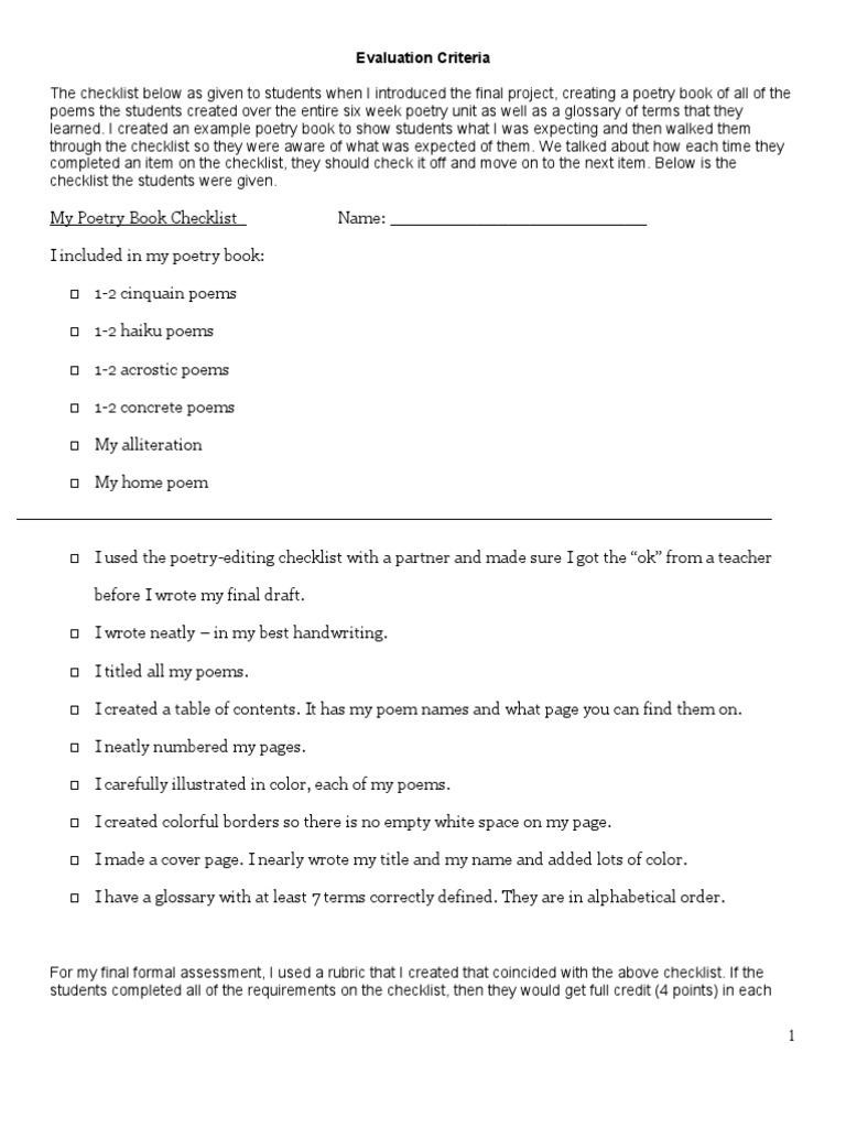 Task 3 - Part D - Evaluation Criteria | PDF | Poetry | Rubric (Academic)