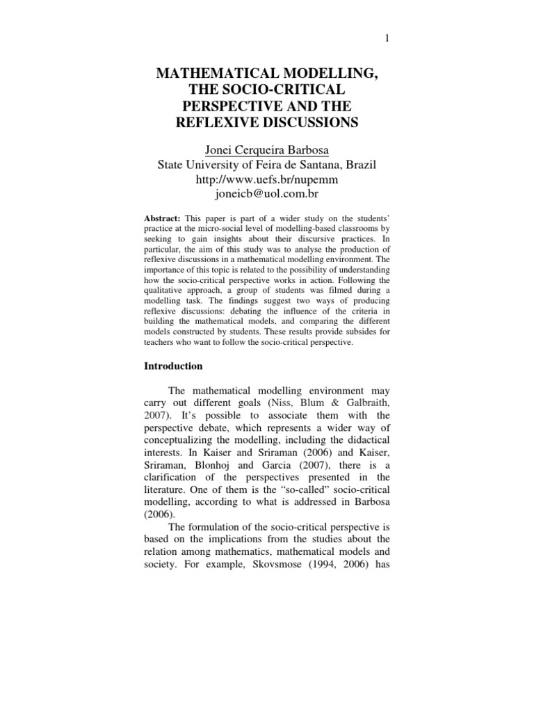 Mathematical Modelling, The Socio-Critical Perspective and The ...