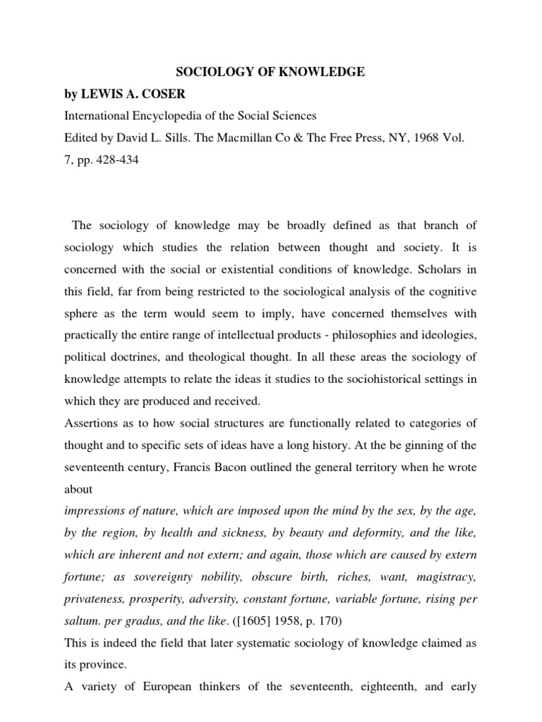 Sociology of Knowledge by Lewis Coser (1968) | PDF | Sociology | Karl Marx