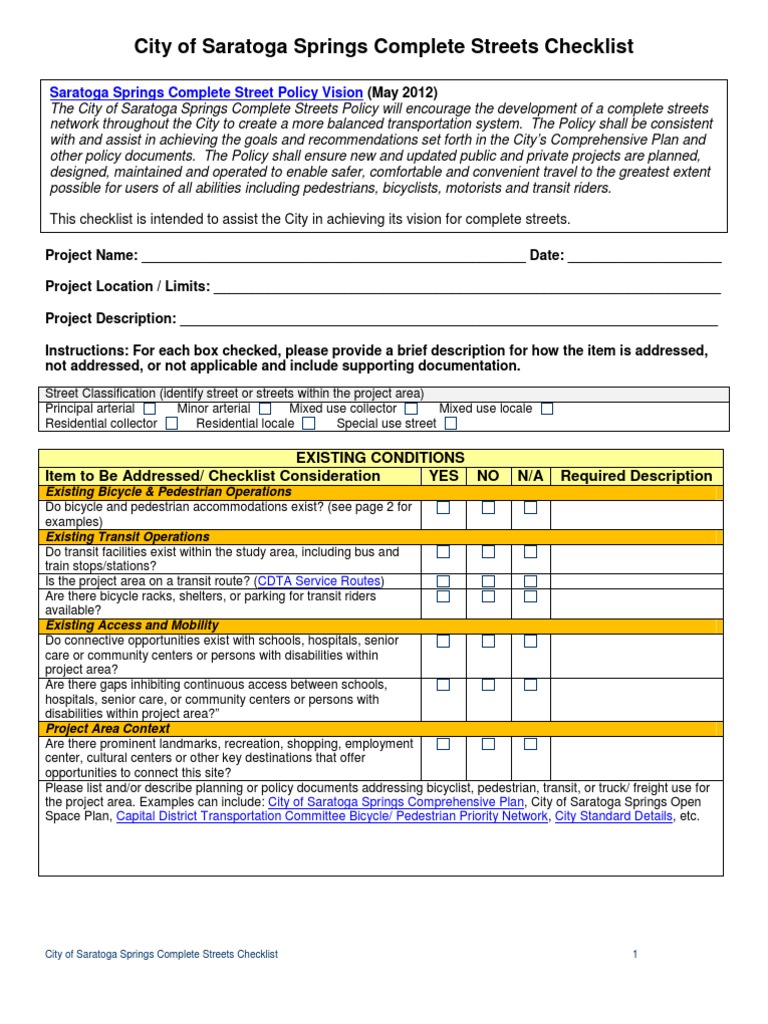 Complete Streets Checklist Saratoga Springs | Download Free PDF ...
