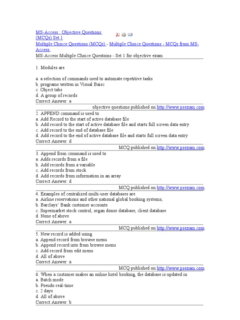 Ms-Access: Objective Questions (MCQS) Set 1 Multiple Choice Questions (MCQS) Multiple Choice ...