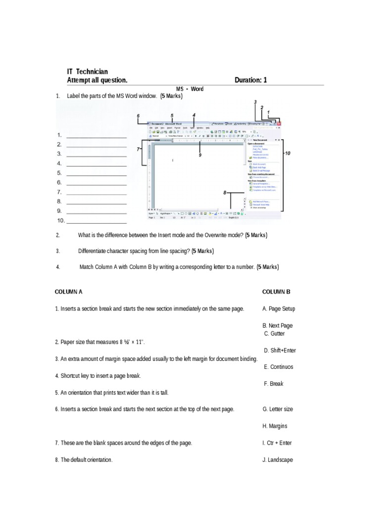 MS Word Parts and Functions Quiz | PDF