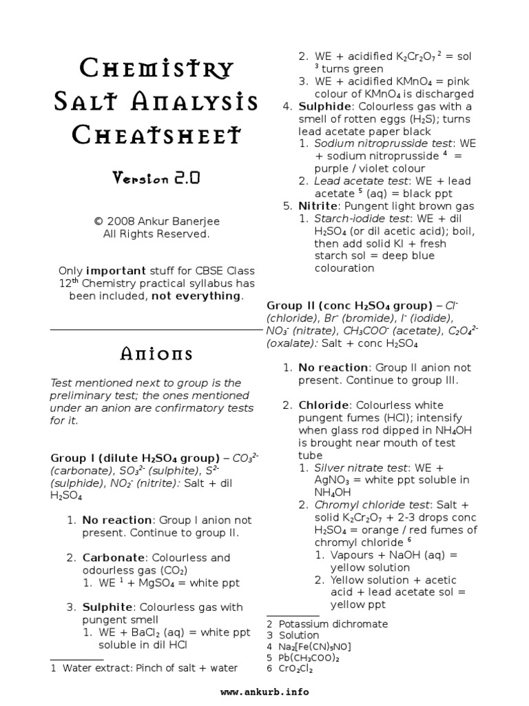 Chemistry Salt Analysis Cheatsheet | PDF | Solubility | Salt (Chemistry)