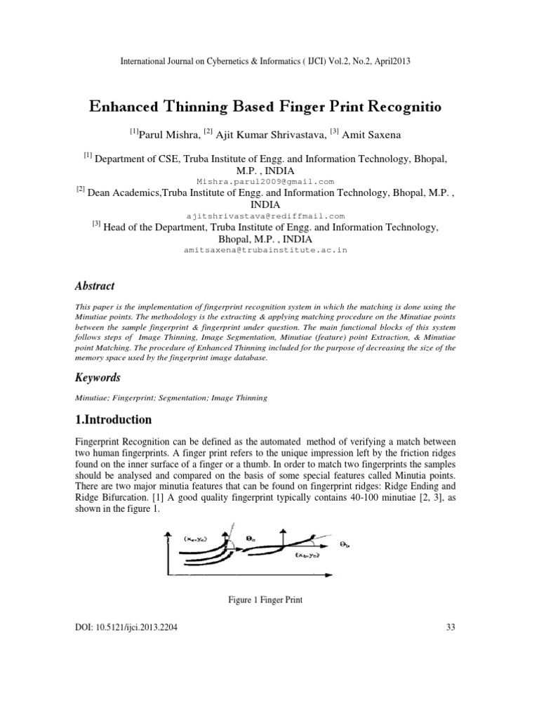 Enhanced Thinning Based Finger Print Recognitio | PDF | Fingerprint | Computer Science