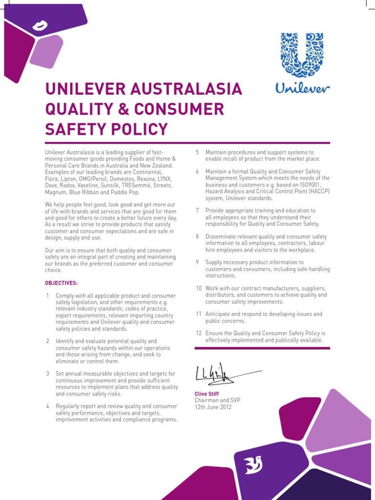 Unilever Policies-Quality & Consumer Safety - tcm72-323611 | PDF ...