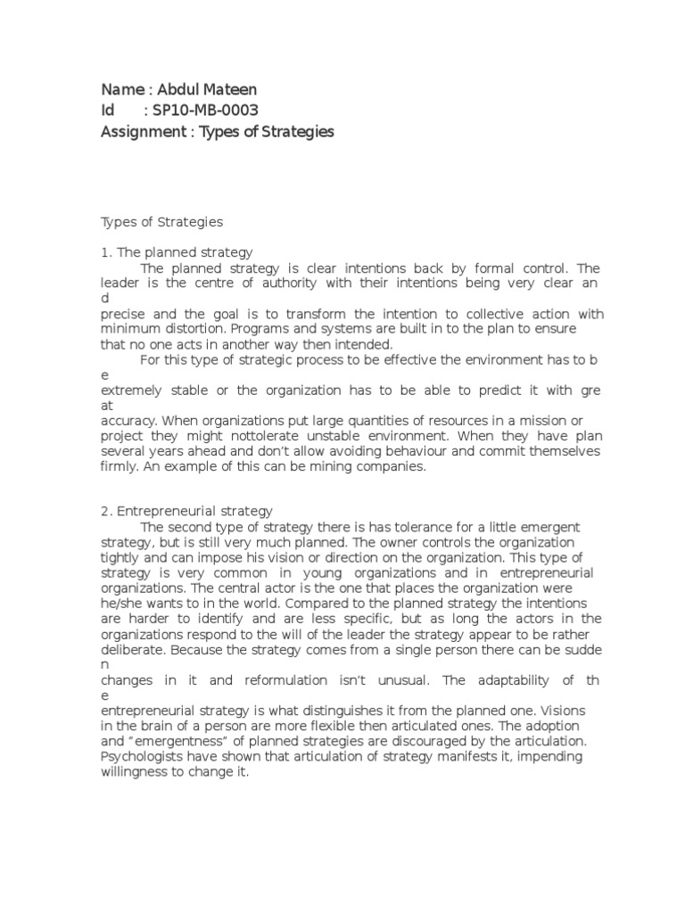 Assignment Types of Strategy | PDF | Strategic Management | Leadership