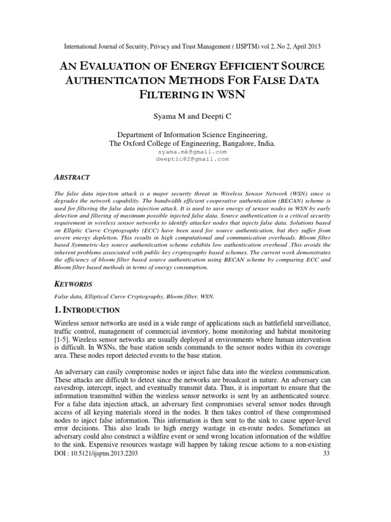 An Evaluation Of Energy Efficient Source Authentication Methods For False Data Filtering In Wsn 