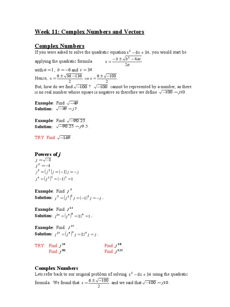 Week 11: Complex Numbers and Vectors Complex Numbers: Powers of J | PDF ...
