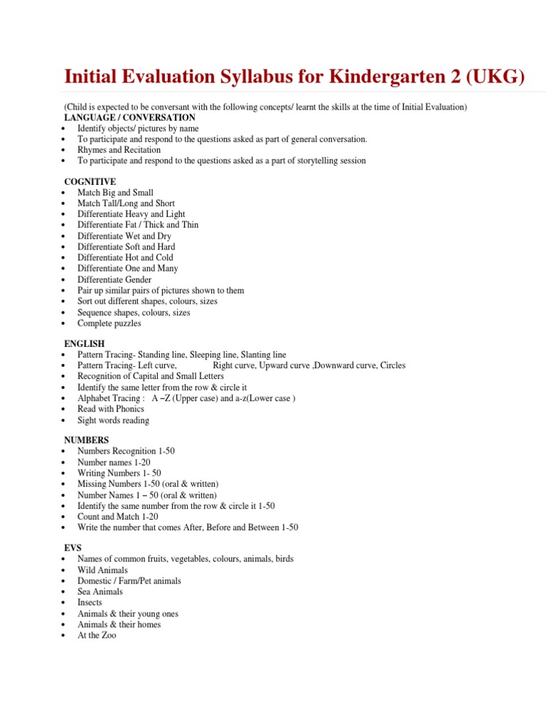 Initial Evaluation Syllabus For Kindergarten 2 | PDF | Reading (Process ...