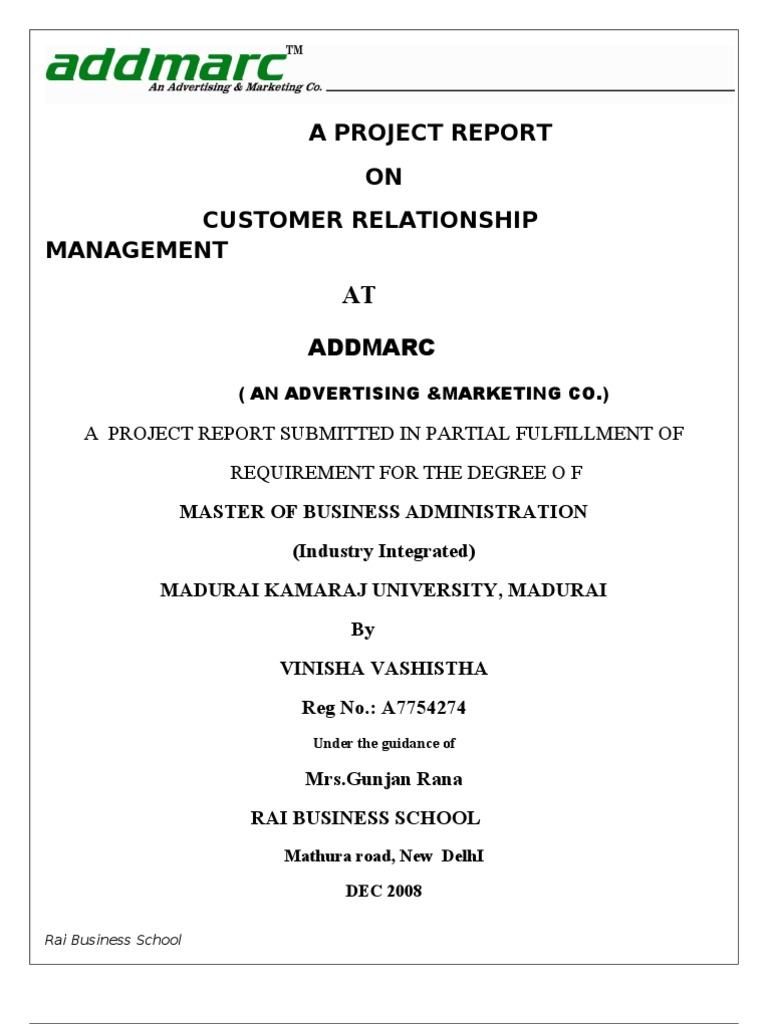 Mba Project A Project Report On Customer Relationship Management | PDF ...