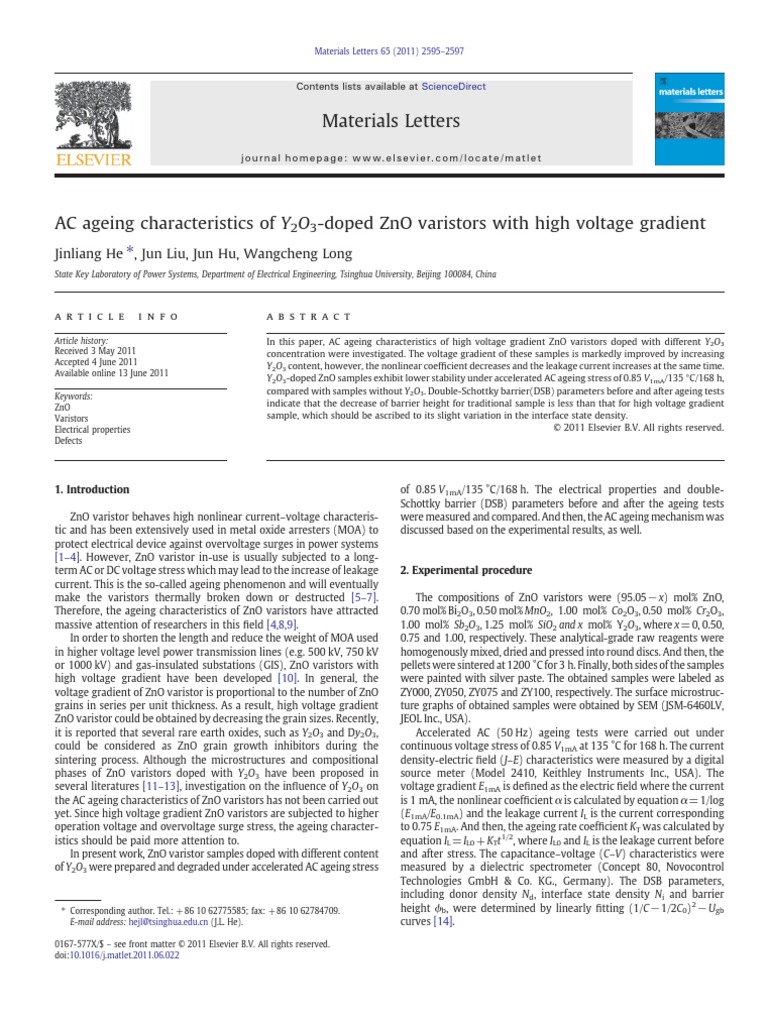 Ac Ageing Characteristics of Y2O3 Doped ZnO Varistors With High Voltage Gradient | PDF | Zinc ...