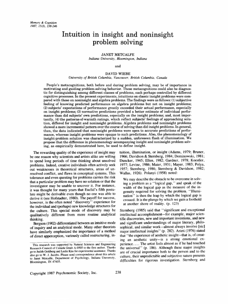 1987 Metcalfe & Wiebe 1987 Intuition in Insight and Noninsight Problem Solving | PDF | Insight ...