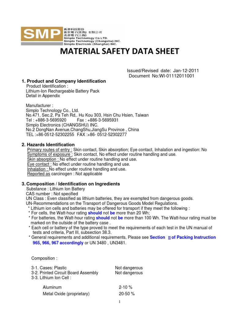 Lithium-Ion Battery Safety Data Sheet | PDF | Lithium Ion Battery ...