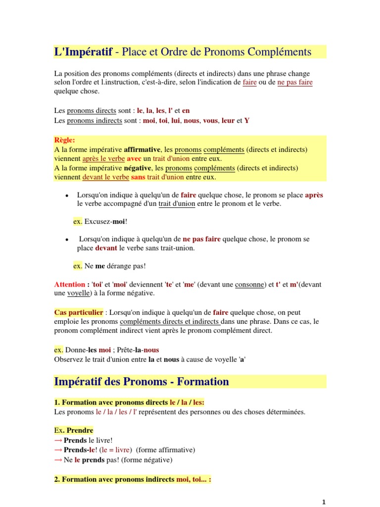 L Impératif Et Pronoms | PDF | Verbe | Phrase