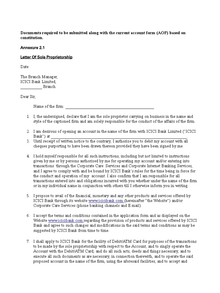 Sole Proprietor Letter AOF 2.1 | PDF | Debit Card | Automated Teller ...