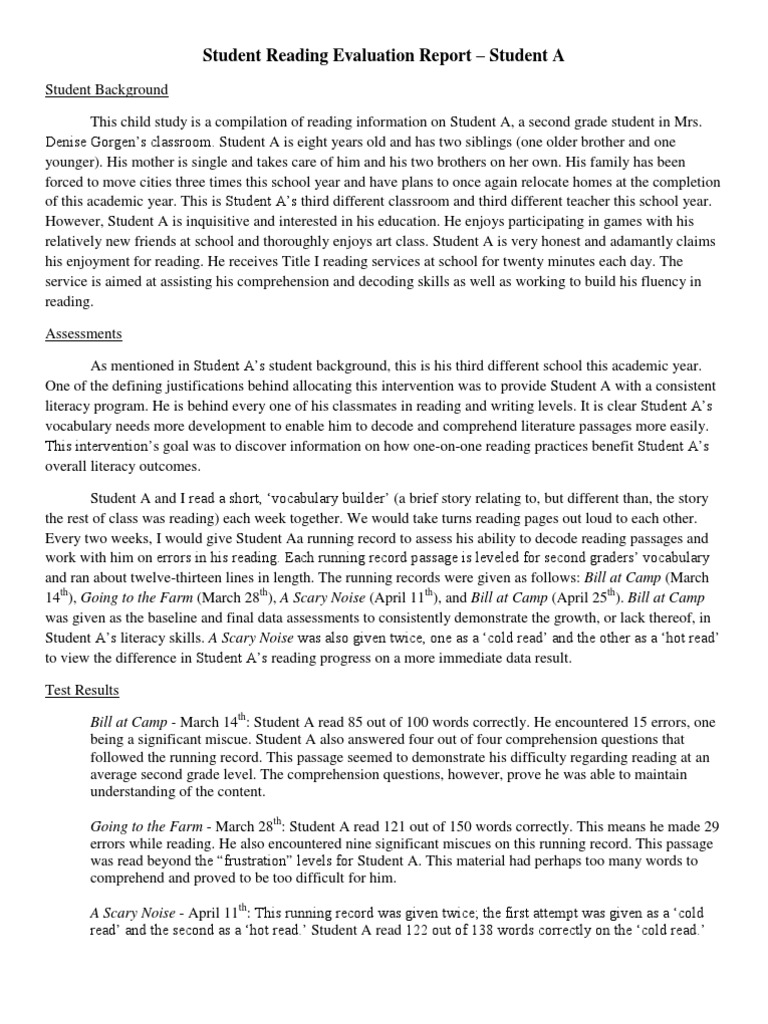 Student Reading Evaluation Report | PDF | Reading (Process) | Reading ...