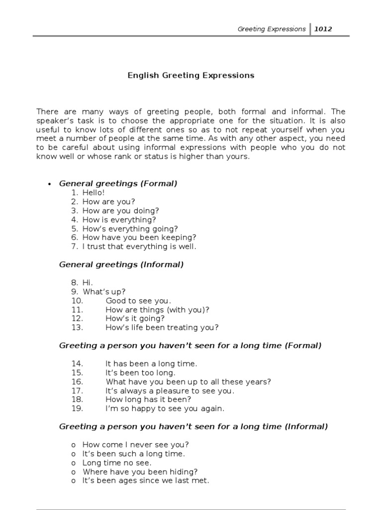 English Greeting Expressions | PDF | English Language | Conversation