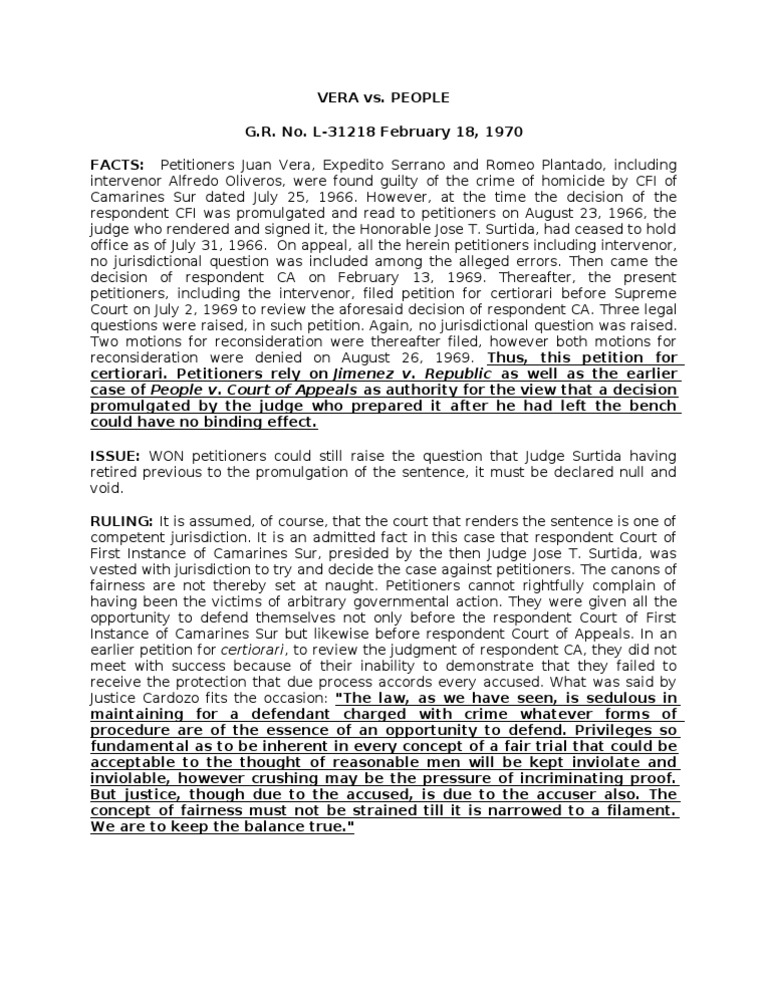 Vera vs. People (Case Digest) | PDF | Certiorari | Jurisdiction