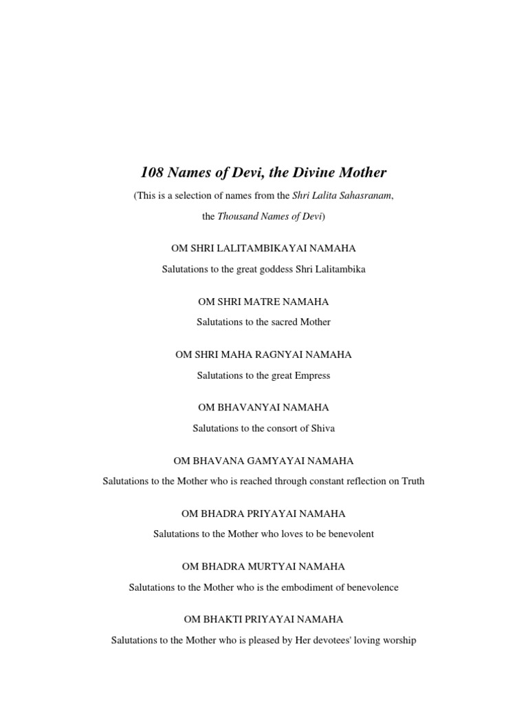 108 Names of Devi, The Divine Mother | PDF | Devi | Hindu Iconography