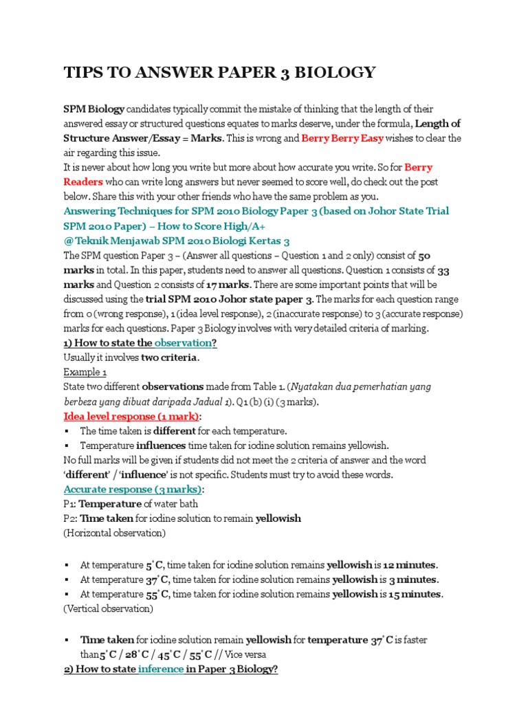 Tips To Answer Paper 3 Biology | PDF | Enzyme | Experiment