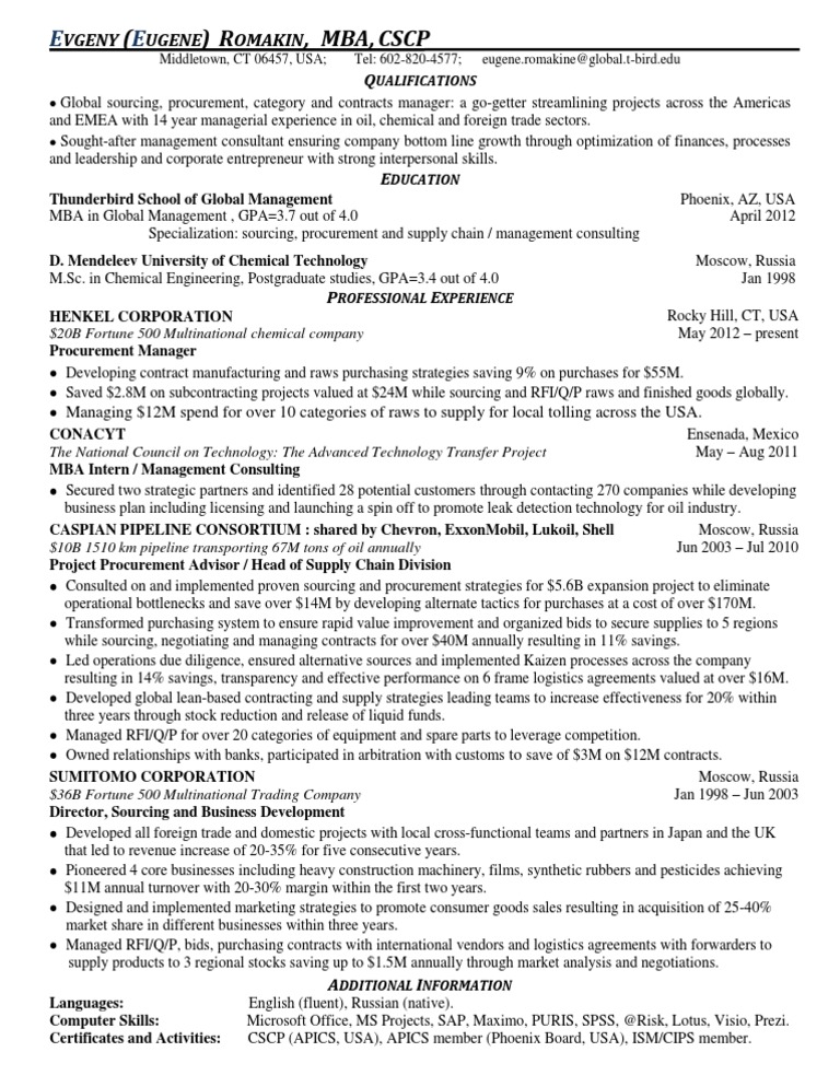 Sourcing Procurement Category Manager in USA Resume Evgeny (Eugene ...