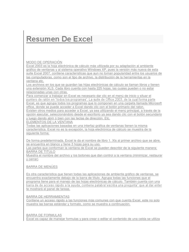 Resumen de Excel | PDF | Microsoft Excel | Ventana (informática)