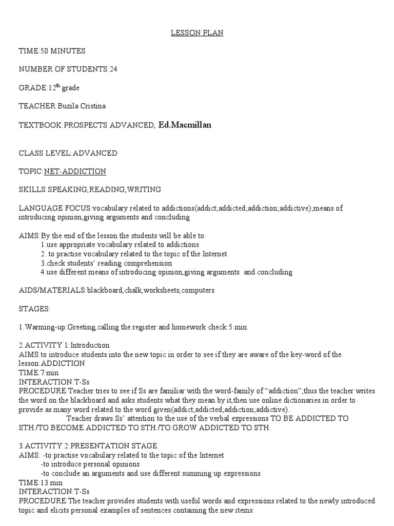 Lesson Plan 12th grade ESL students | Lesson Plan | Vocabulary