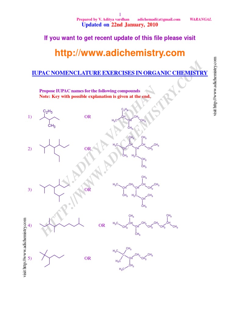 IUPAC Nomenclature Exercises in Organic Chemistry | PDF | Organic ...