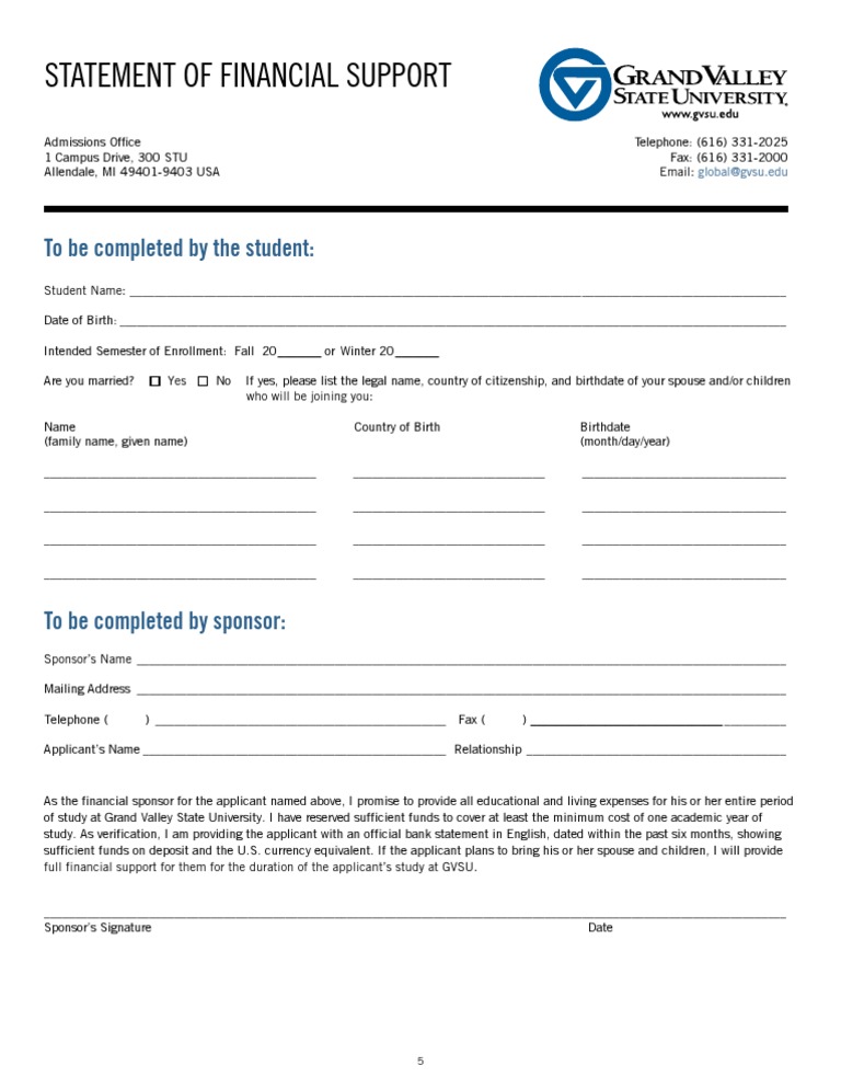 Financial Support Statement for GVSU | PDF