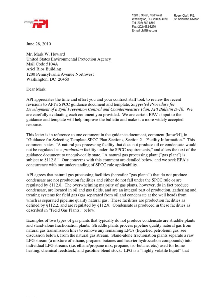 Letter From API SPCC and Gas Production | PDF | Business
