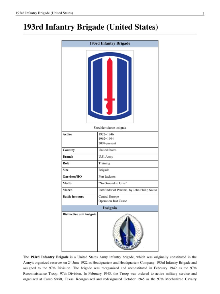 193rd Infantry Brigade (United States), American Army, order of battle ...
