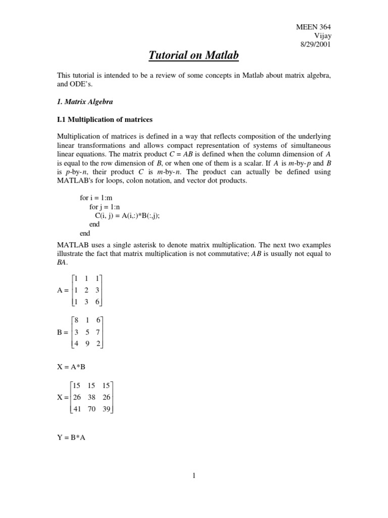 Tutorial On Matlab: 1. Matrix Algebra | PDF | Eigenvalues And Eigenvectors | Matrix (Mathematics)