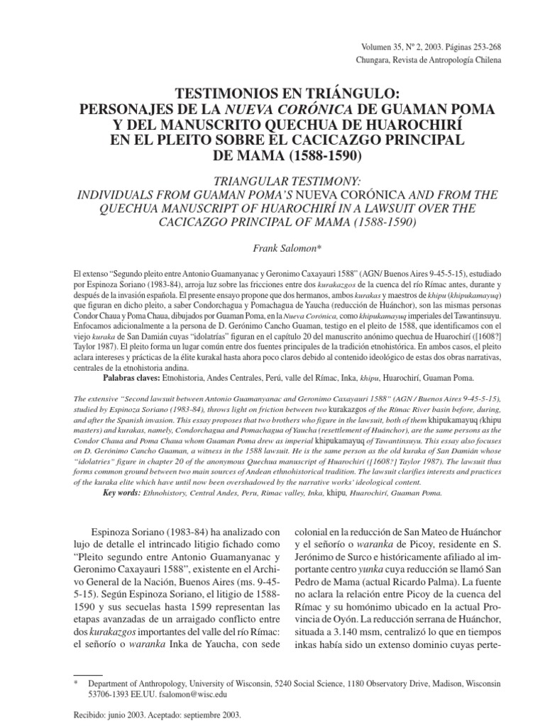 Huarochiri Guaman Poma Frank Salomon | PDF | Imperio Inca | Imperio español