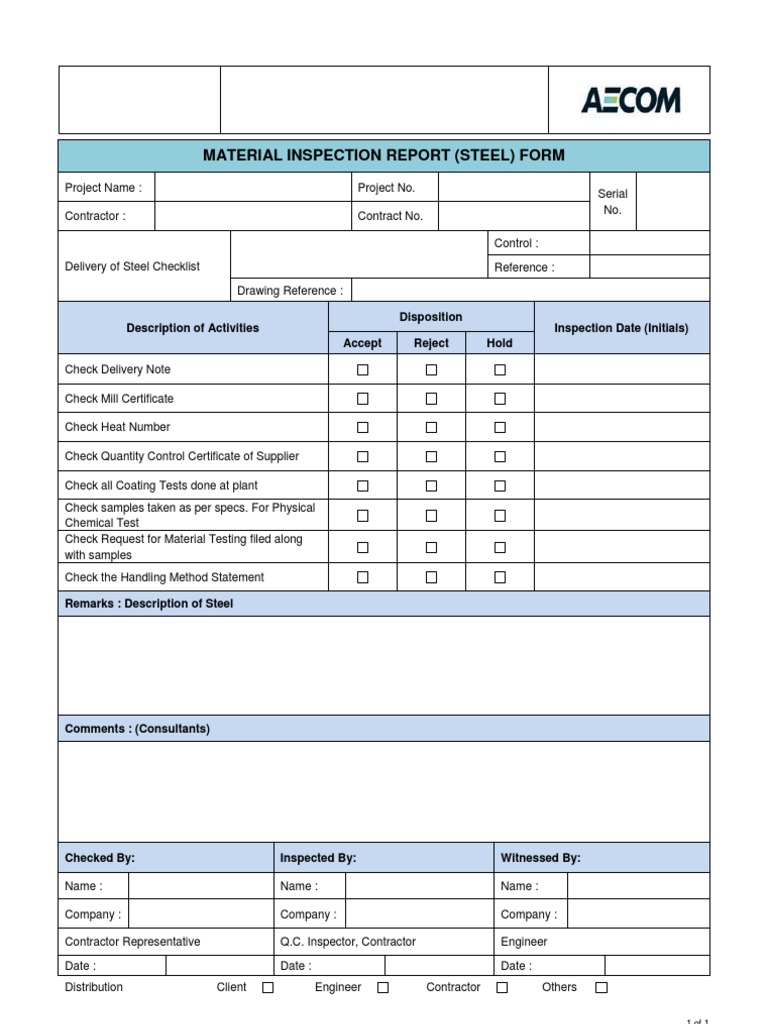 Material Inspection Report (Steel) Form | PDF | Engineering